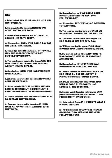 Reported Speech Questions General G English ESL Worksheets Pdf Doc