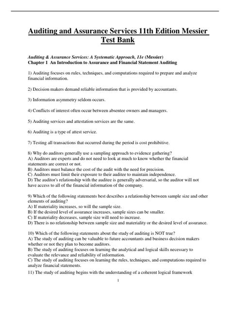 Test Bank For Auditing And Assurance Services 11th Edition Messier All Chapters 1 21 Full