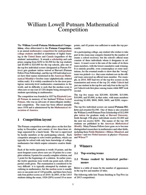 William Lowell Putnam Mathematical Competition Pdf Awards Competition