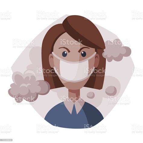 보호 얼굴 마스크를 착용 하는 여자 산업 스모그로 고통 받는 사람 생태 문제 대기 오염 벡터 그림 개념에 대한 스톡 벡터 아트