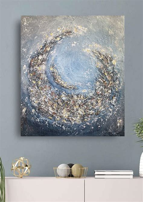 Голубая картина абстракция в гостиную Фактурная абстрактная картина в синих тонах с поталью