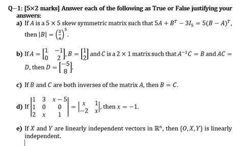 Solved Q 1 5x2 Marks Answer Each Of The Following As True