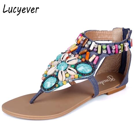 Lucyever National Style Women Sandals Bohemia Flats Beaded Summer Shoes