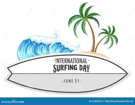 International Surfing Day Font On Surfboard Banner With Tropical Beach