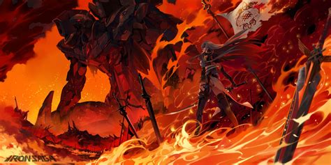 Iron Saga Highres Official Art 1girl Copyright Name Fire Holding