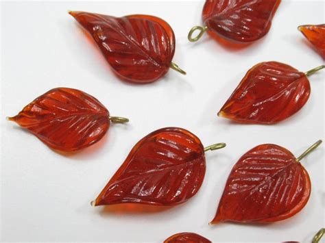 Glass Leaf Charms Rust Orange Leaves With Brass Loops Leaf Etsy