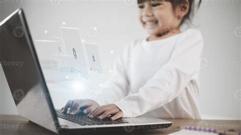Asian Girl Using Laptop For Streaming Online Watching Video On