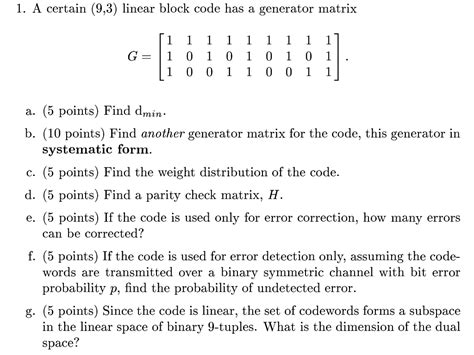solved 1 a certain 9 3 linear block code has a generator