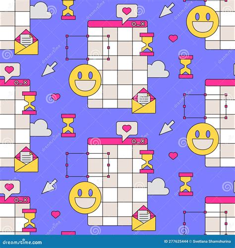 Seamless Pattern With Old Computer Windows Clouds Smiling Emoji And