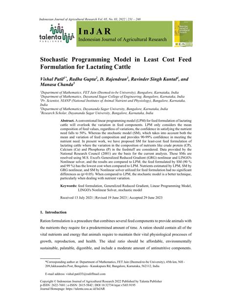 Pdf Stochastic Programming Model In Least Cost Feed Formulation For