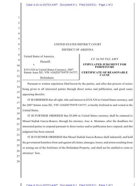 Proposed Order Stipulated Judgment For Forfeiture Asset Forfeiture