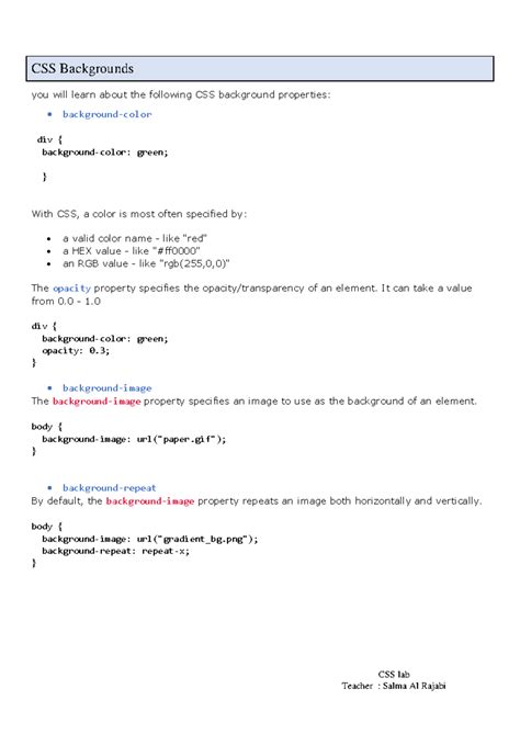 Css 2 Information Css Lab Css Backgrounds You Will Learn About The