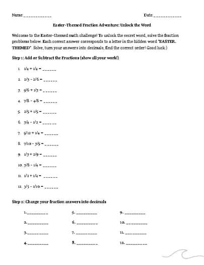 Easter Themed Fraction Adventure Unlock The Word Add And Subtract