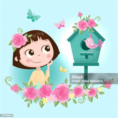 나비와 장미 꽃의 화환에 귀여운 만화 소녀 벡터 일러스트레이션 귀여운에 대한 스톡 벡터 아트 및 기타 이미지 귀여운 낙서