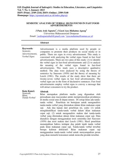 View Of Semiotic Analysis Of Verbal Signs Found In Fast Food Advertisements