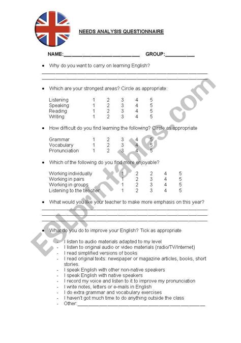Needs Analysis Questionnaire Esl Worksheet By Ejcm76