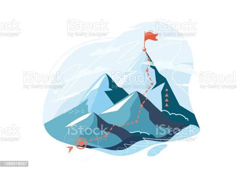 흰색으로 고립 된 산 배경의 성공 경로 평평한 미니멀 한 스타일로 피크에 등산 진행 경로 비즈니스 여행 벡터 일러스트레이션