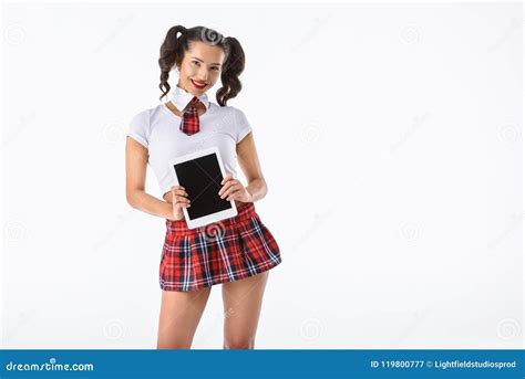 Young Schoolgirl In Red Plaid Skirt With Tablet Stock Image Image Of