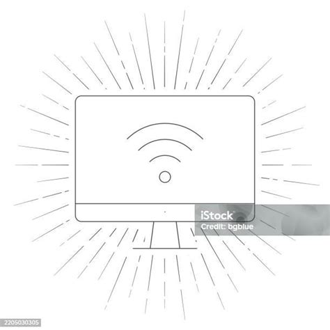 Wifi가 있는 데스크톱 컴퓨터 흰색 배경에 햇살이 있는 선 아이콘 Brand Name Smart Phone에 대한 스톡 벡터 아트 및 기타 이미지 Brand Name