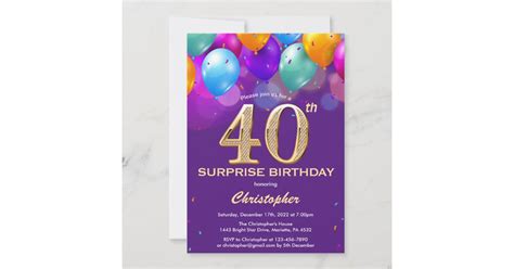 Surprise 40th Birthday Purple And Gold Balloons Invitation Zazzle