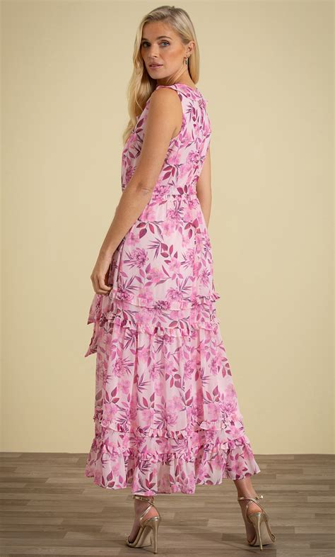 Floral Chiffon Tiered Maxi Dress In Pink Klass