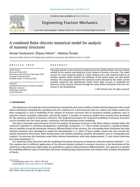 A Combined Finite Discrete Numerical Model For Analysis Of Masonry Structures Pdf Fracture