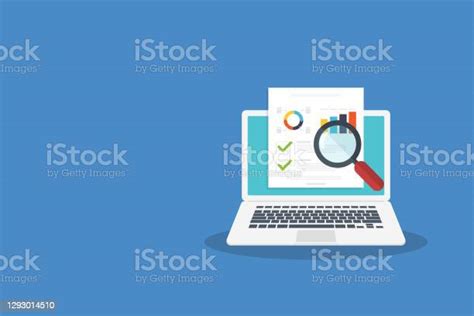 데이터 분석 랩톱 컴퓨터의 데이터 보고서 재무 감사 연구 분석 분석 문서 웹 보고서 통계 평가 벡터 일러스트레이션 개선에 대한