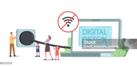 사람들은 가젯 오프라인 휴식을위한 전자 장치를 끕니다 디지털 해독 개념 작은 캐릭터 는 노트북을 분리 Brand Name Smart Phone에 대한 스톡 벡터 아트 및