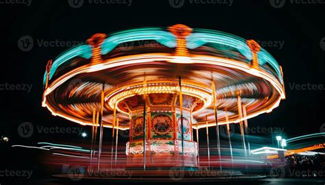 Ai Generated Spinning Carousel Ignites Vibrant Fun In The Night