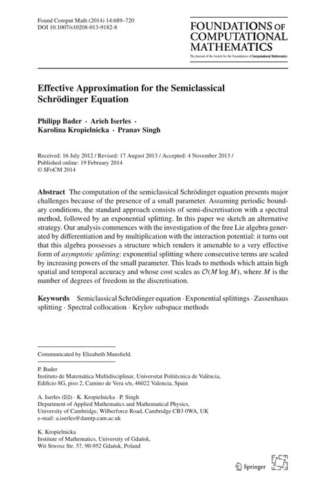 Pdf Effective Approximation For The Semiclassical Schrödinger Equation