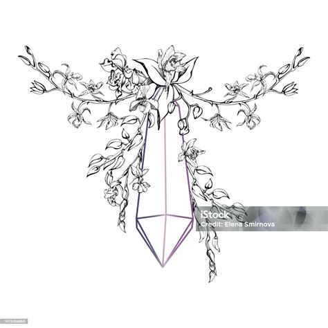 手描きのベクター画像インク蘭の花と枝モノクロ詳細な輪郭結晶形の組成白い背景に分離型ウォールアート結婚式印刷タトゥーカバーカードのためのデザイン