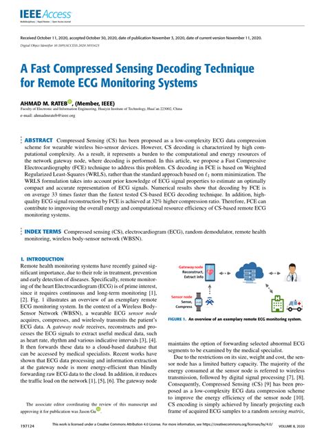 Pdf A Fast Compressed Sensing Decoding Technique For Remote Ecg