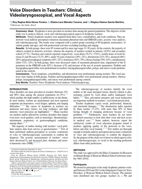 Voice Disorders In Teachers A Comparison Of Clinical Videolaryngoscopic And Vocal Aspects