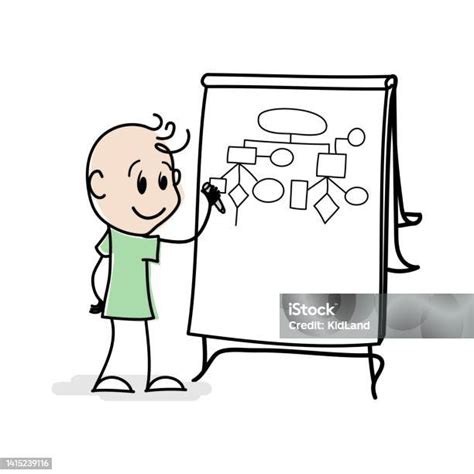 연필을 들고 다이어그램을 그리는 청년의 개념적 그림을 그리는 막대기 그림 사무실 관리자가 자신의 전략의 성공을 설명합니다