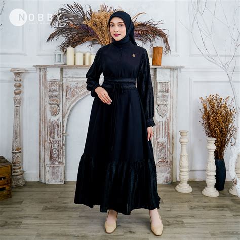Jual Nobby Yashi Dress Gamis Wanita Lace Bahan Woolpeach Depan Dengan