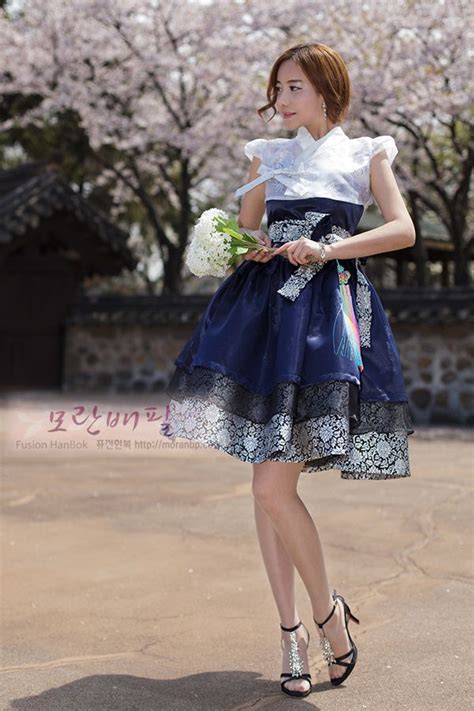 [제작기간 2주 내외] 물망초 퓨전한복 한복드레스 미니한복 모란배필 전통 드레스 여성 패션 드레스