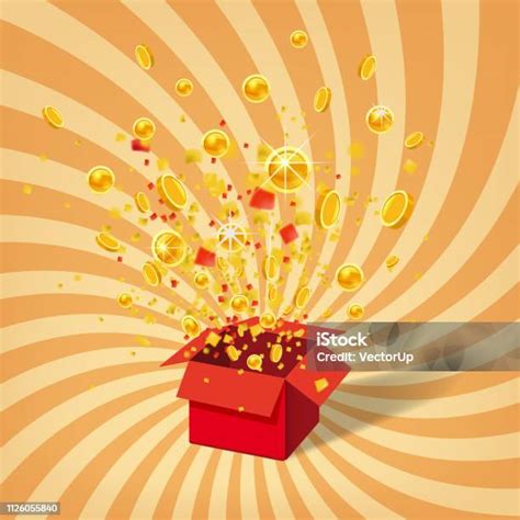 상자와 동전 Exploision 폭발 빨간 선물 상자 색종이 엽니다 승리 카지노 복권 퀴즈입니다 나선형 줄무늬 배경입니다 벡터 일러스트입니다 절연 템플릿 3차원 형태에 대한
