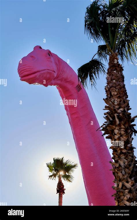A Low Angle Of A Pink Decorative Dinosaur Against Palm Trees And A
