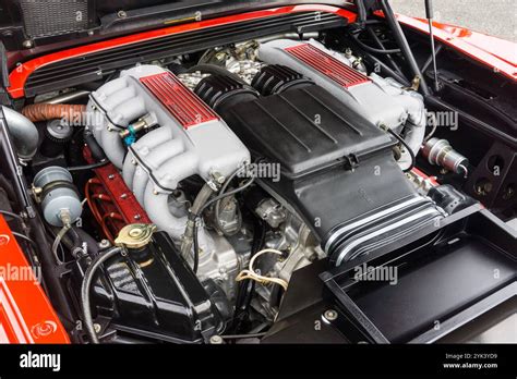 Close Up Detail Of The Tipo F113 Flat 12 Engine In A Rosso Corsa Red Ferrari Testarossa Classic