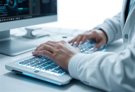 Futuristic Woman With Augmented Hands Typing On A High Tech Keyboard Stock Illustration