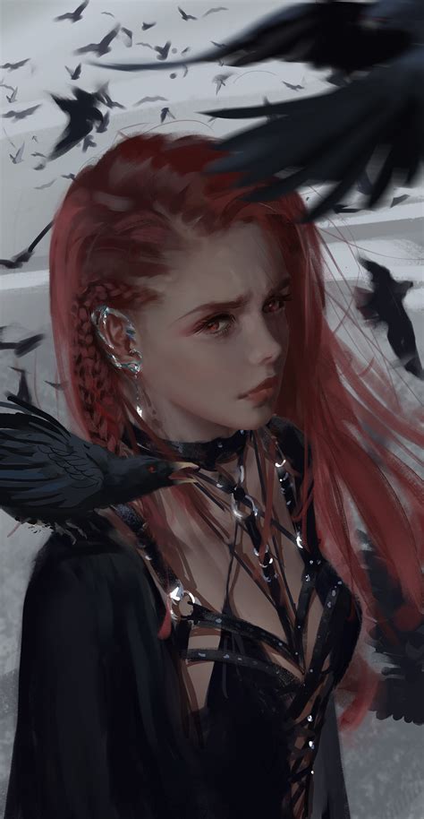Wlop Crow Fantasy Girl Birds Women Face Hd Phone Wallpaper Rare