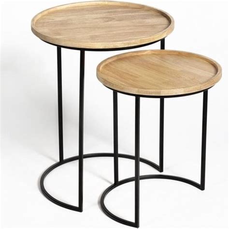 Set Van 2 Bijzettafels Rond Hout Met Zwart Metaal 40 Cm En 50 Cm Hoog