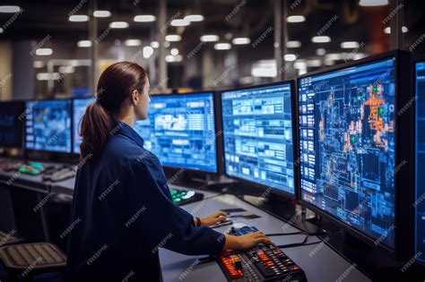 Premium Photo Engineer Analyzing Complex Data On Multiple Computer Screens In A Hightech