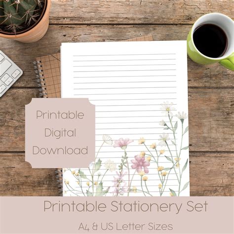 Printable Stationery Set Wildflowers Watercolor Flowers 4 Styles 2