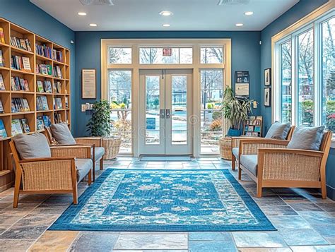 A Modern Library Interior With Comfortable Seating A Wooden Bookshelf