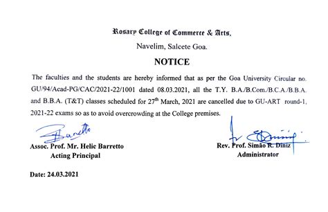 Notice Rosary College Of Commerce And Arts