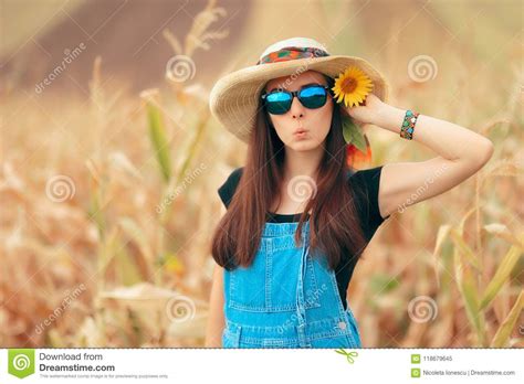 Summer Farm Girl With Sunglasses And Straw Hat Stock Image Image Of