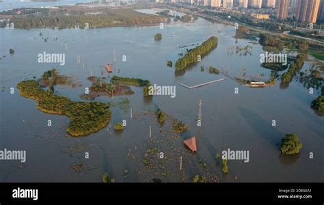 Aerial View Of The River Banks Submerged By Rising Water Of Songhua River Harbin Section In