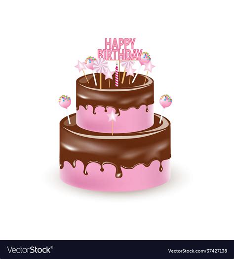 Big Pink Birthday Cake With Melting Chocolate Vector Image