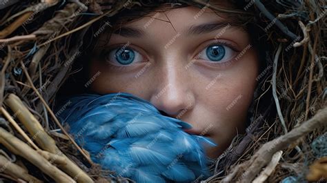 Premium Photo A Woman With Blue Eyes And A Bird In A Nest